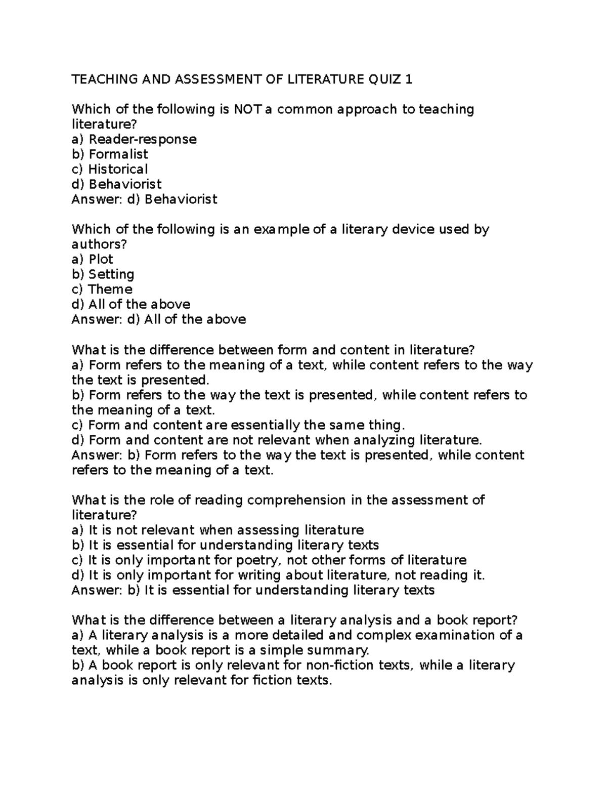 Teaching AND Assessment OF Literature QUIZ 1 - TEACHING AND ASSESSMENT ...