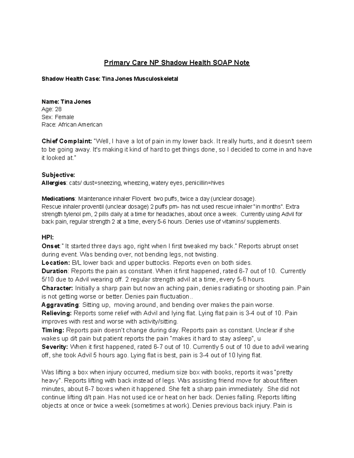 Tina Jones MSK SOAP Note - Primary Care NP Case Study - Studocu