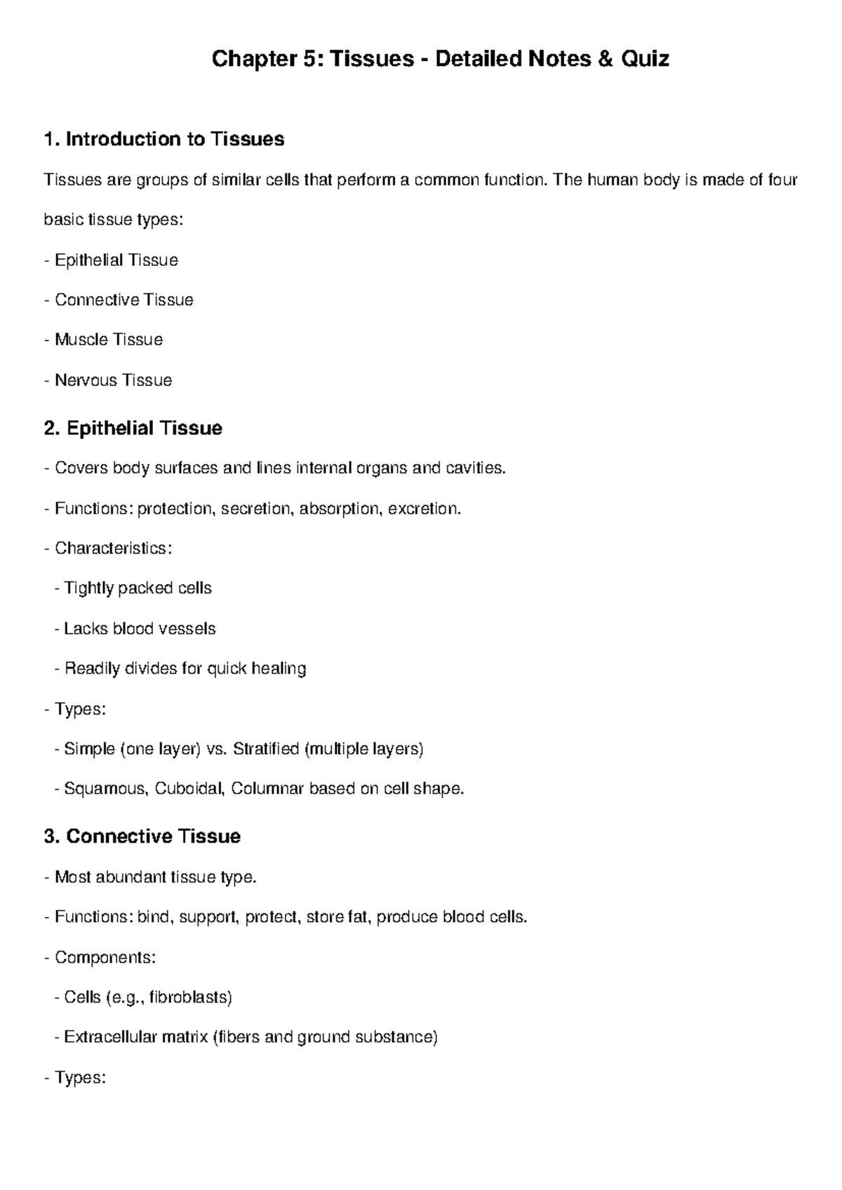Chapter 5 Tissues Detailed Notes and Quiz - Chapter 5: Tissues ...