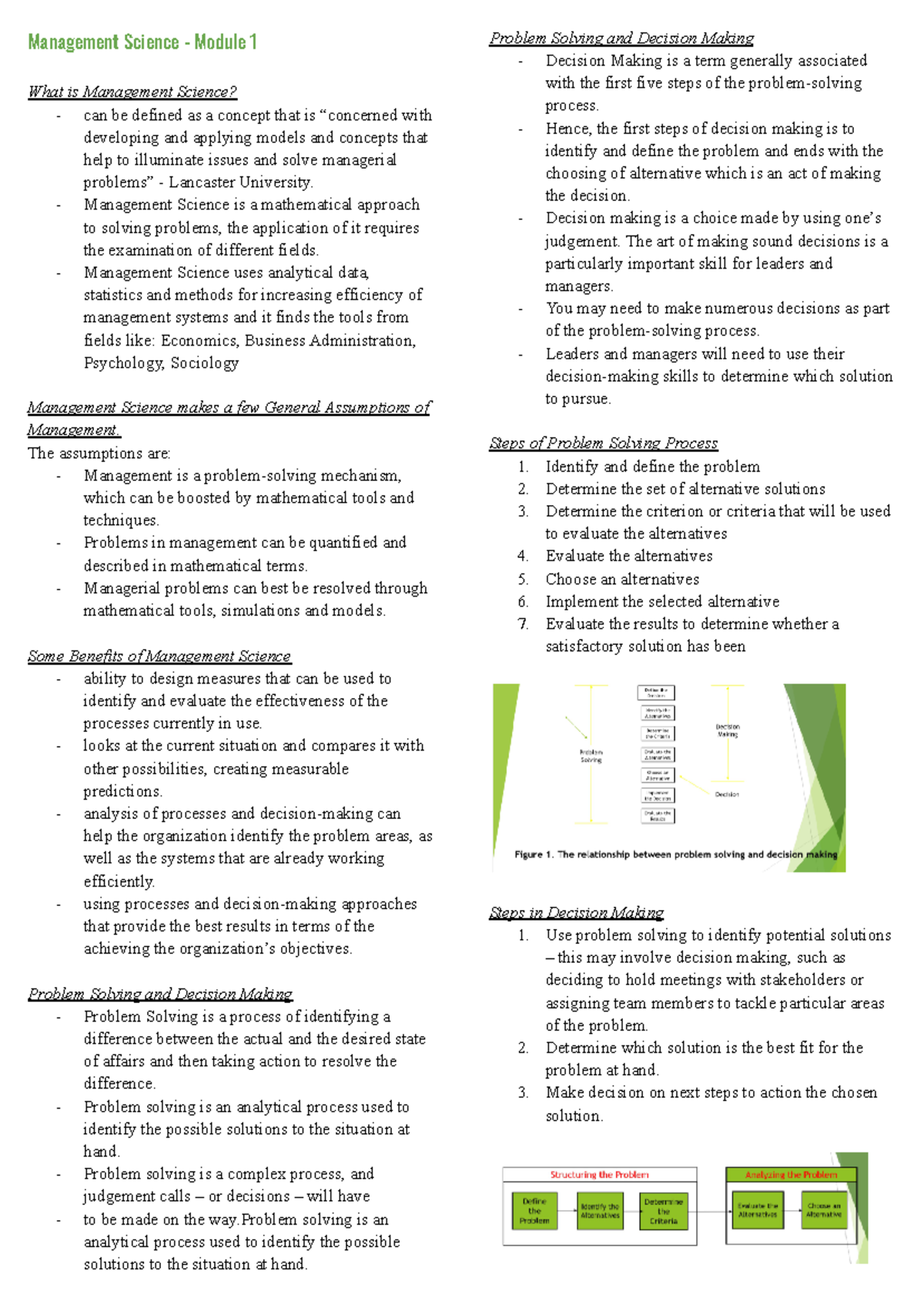 Management Science - Module 1: Overview and Analytical Techniques - Studocu