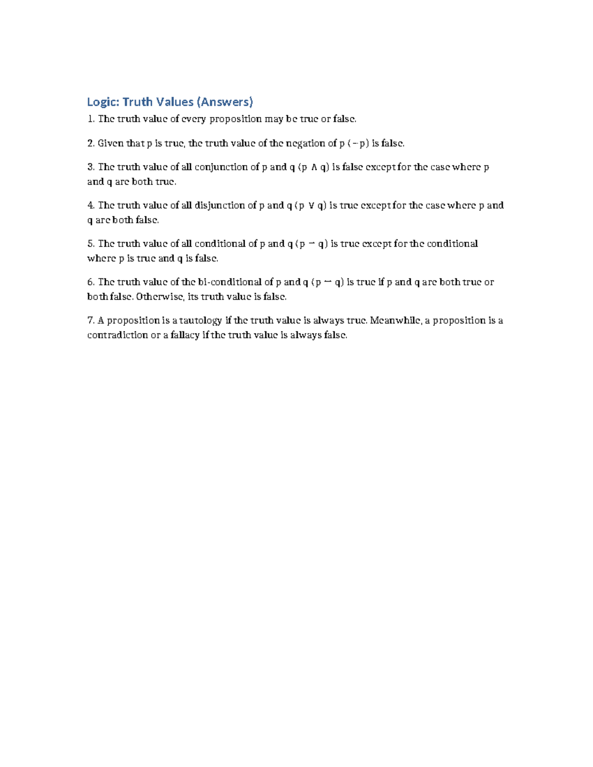 Logic: Truth Values (Answers) - Key Concepts and Definitions - Studocu
