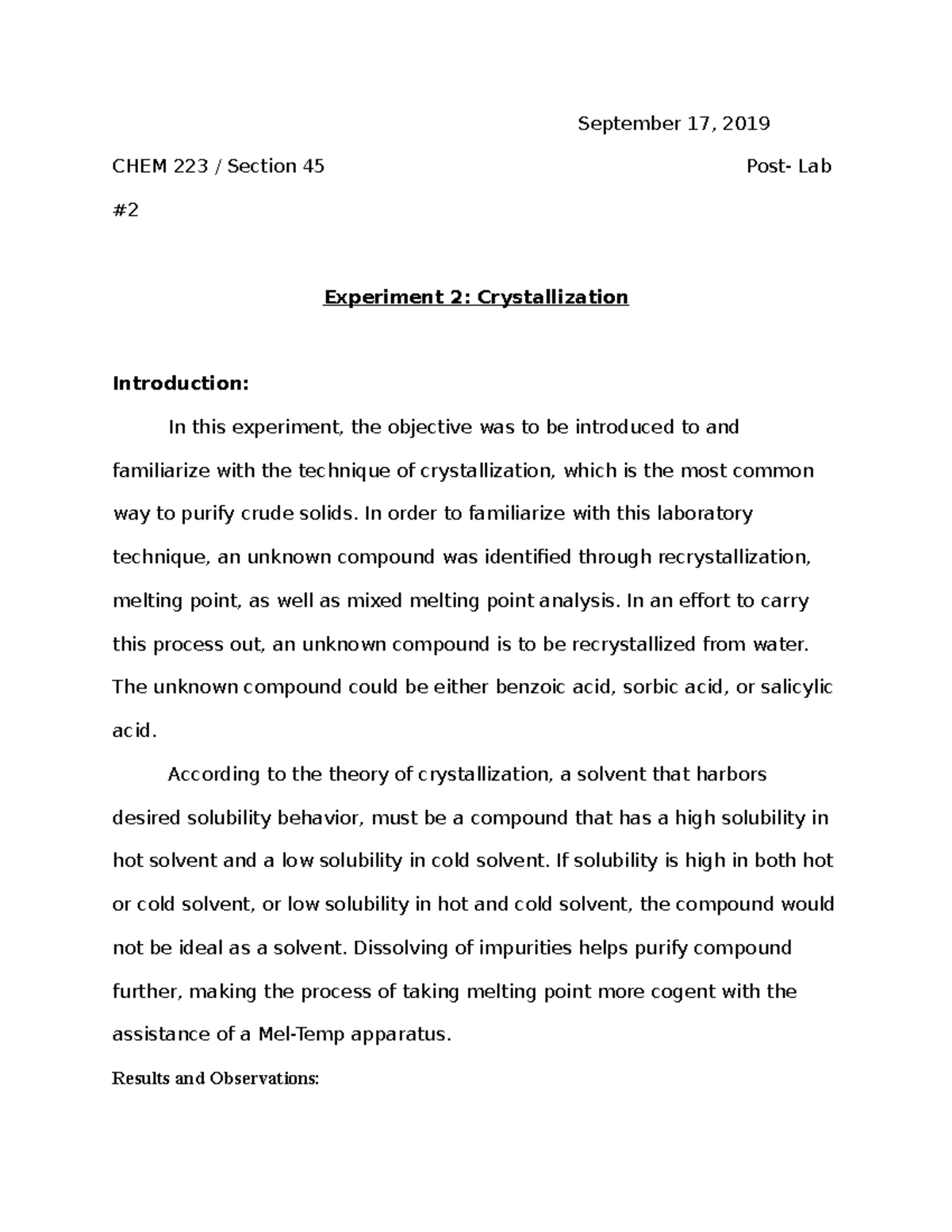 Organic Chemistry 1 LAB REPORT 2 crystallization - September 17, 2019 ...