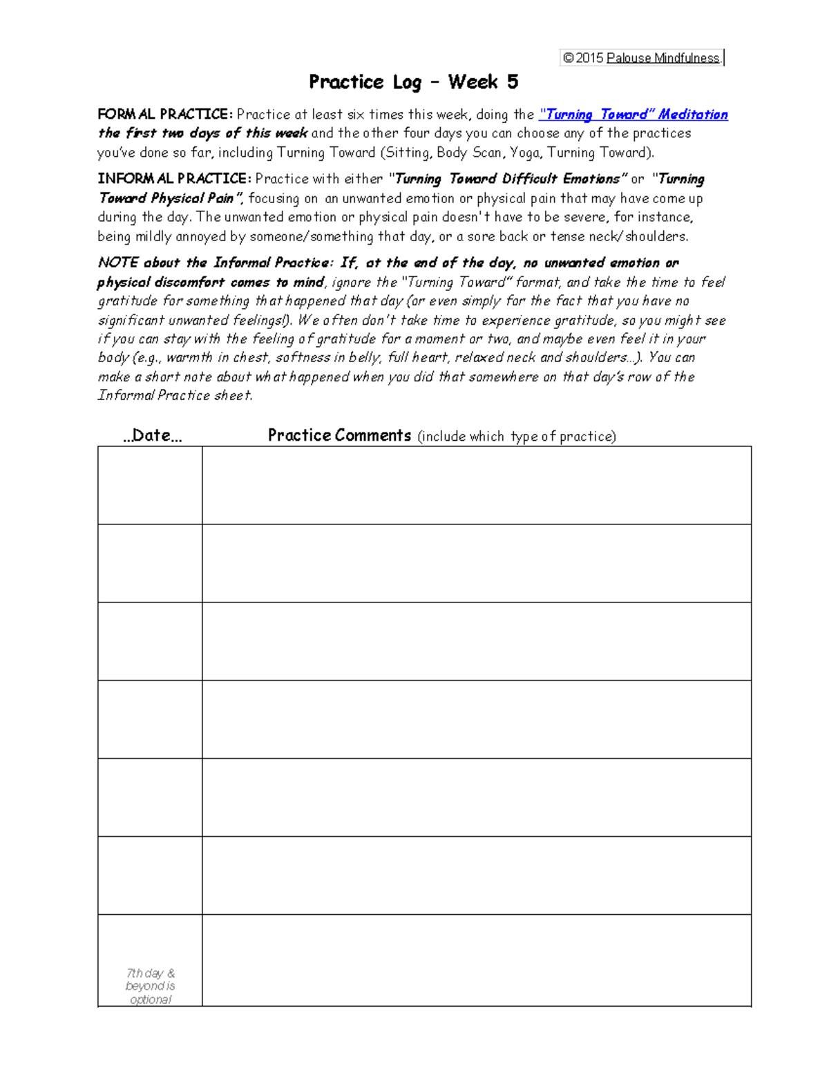 Palouse Mindfulness Practice Log: Week 5 Activities - Studocu