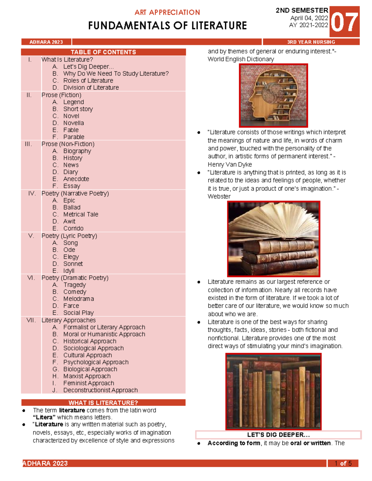 2ND SEMESTER ART APPRECIATION: FUNDAMENTALS OF LITERATURE NOTES - Studocu