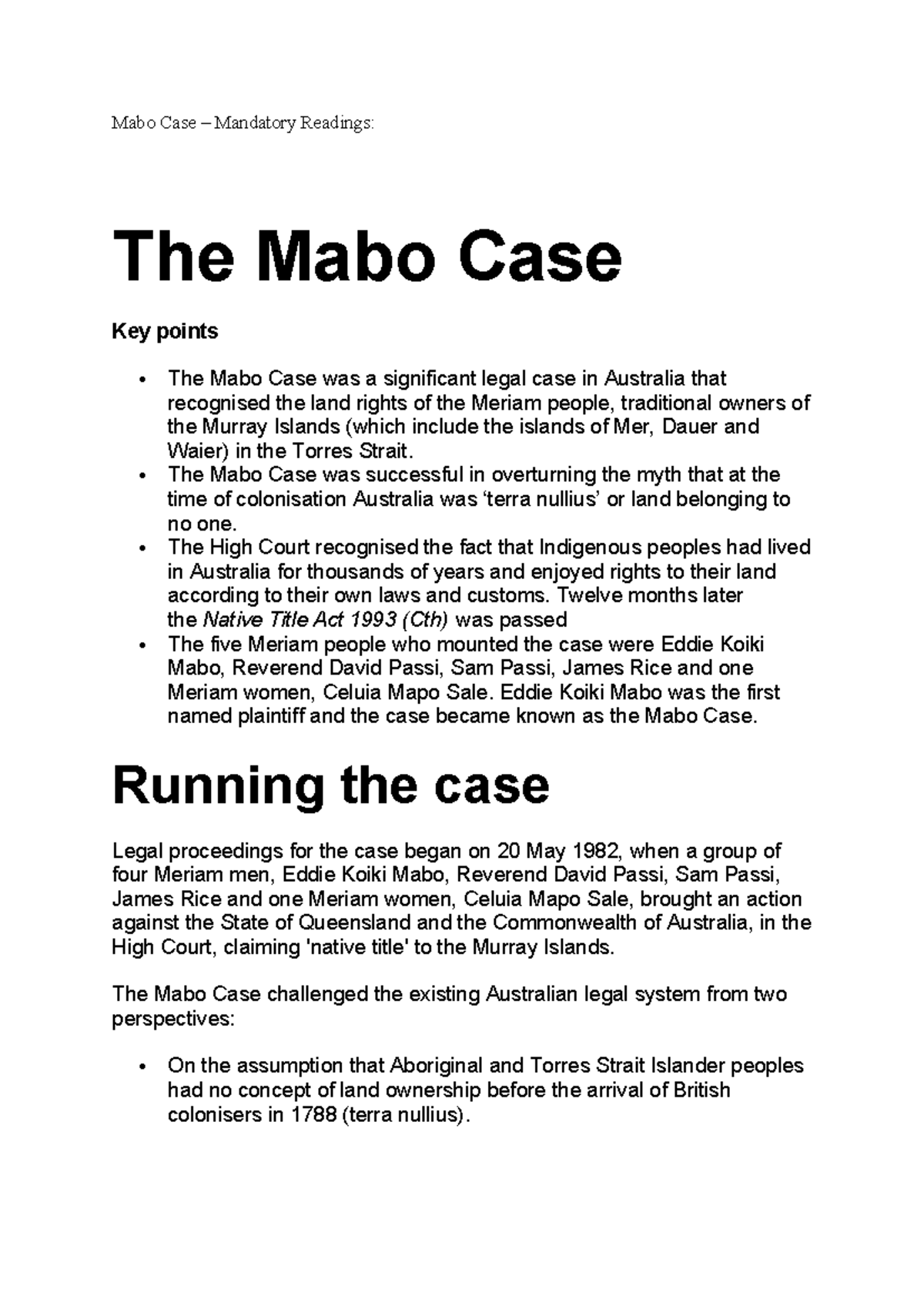 Mabo Case - Key Takeaways on Native Title Impact (HIST101) - Studocu