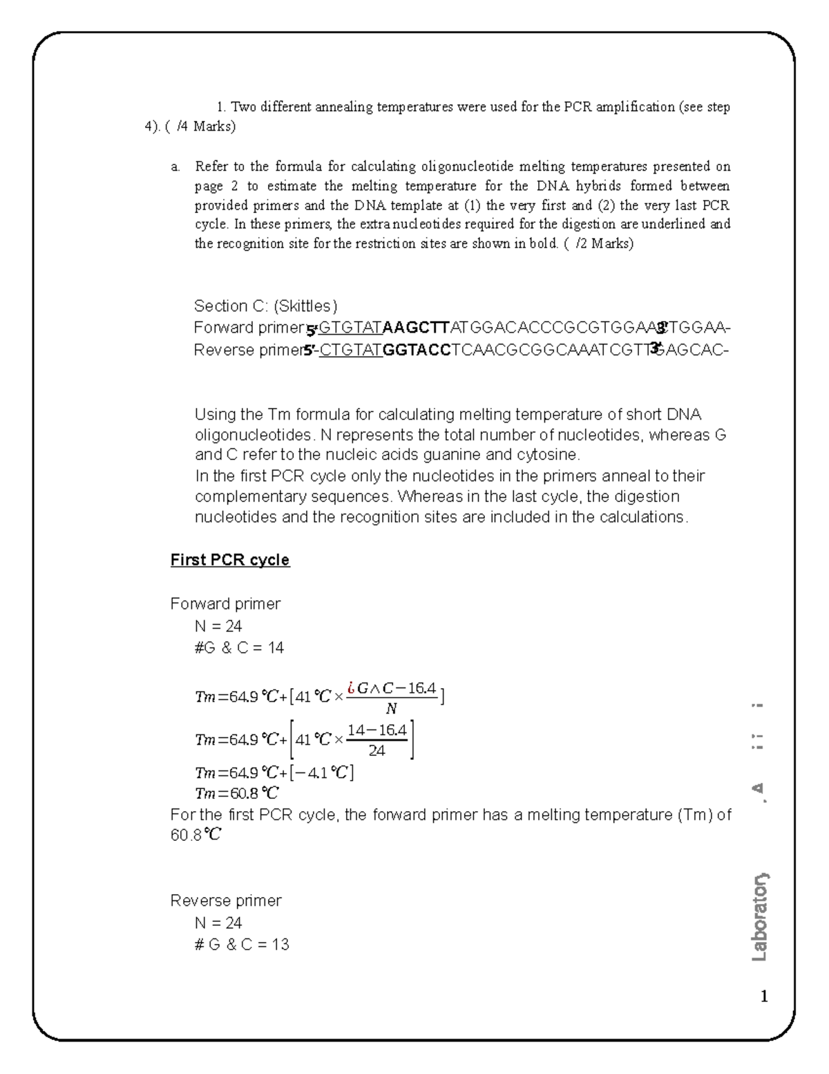 Assignment 2 (Lab 1 - Amplification): PCR Melting Temp & Yield Calculations - Studocu