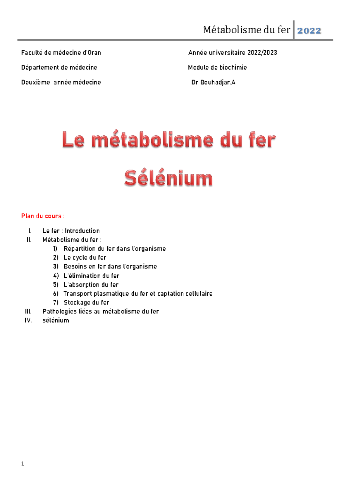 Cours de Biochimie : Métabolisme du Fer et Sélénium - 2ème Année Méd ...