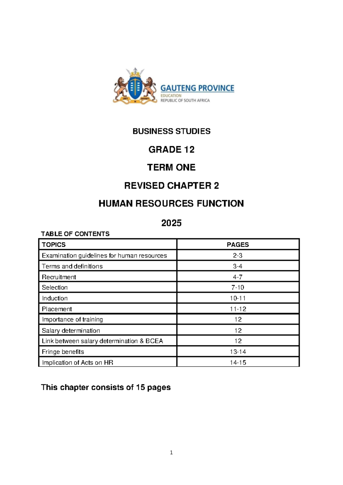 BUSINESS STUDIES GRADE 12 TERM 1 REVISED NOTES ON HUMAN RESOURCES ...