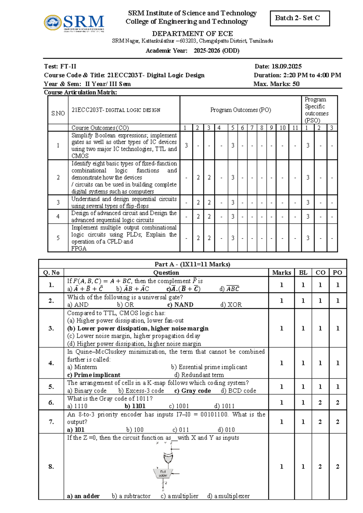 21ECC203 T - Digital Logic Design Test Set C Answer Key - Studocu