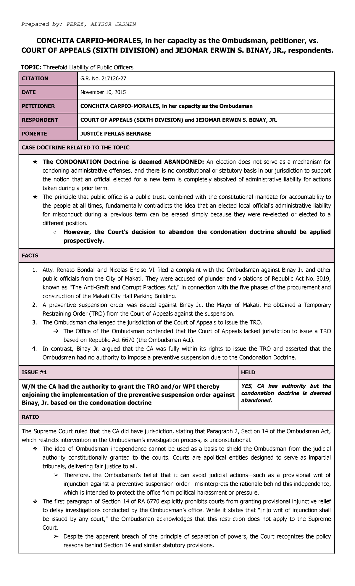 Carpio Morales v. CA [2015 ] - Prepared by: PEREZ, ALYSSA JASMIN ...