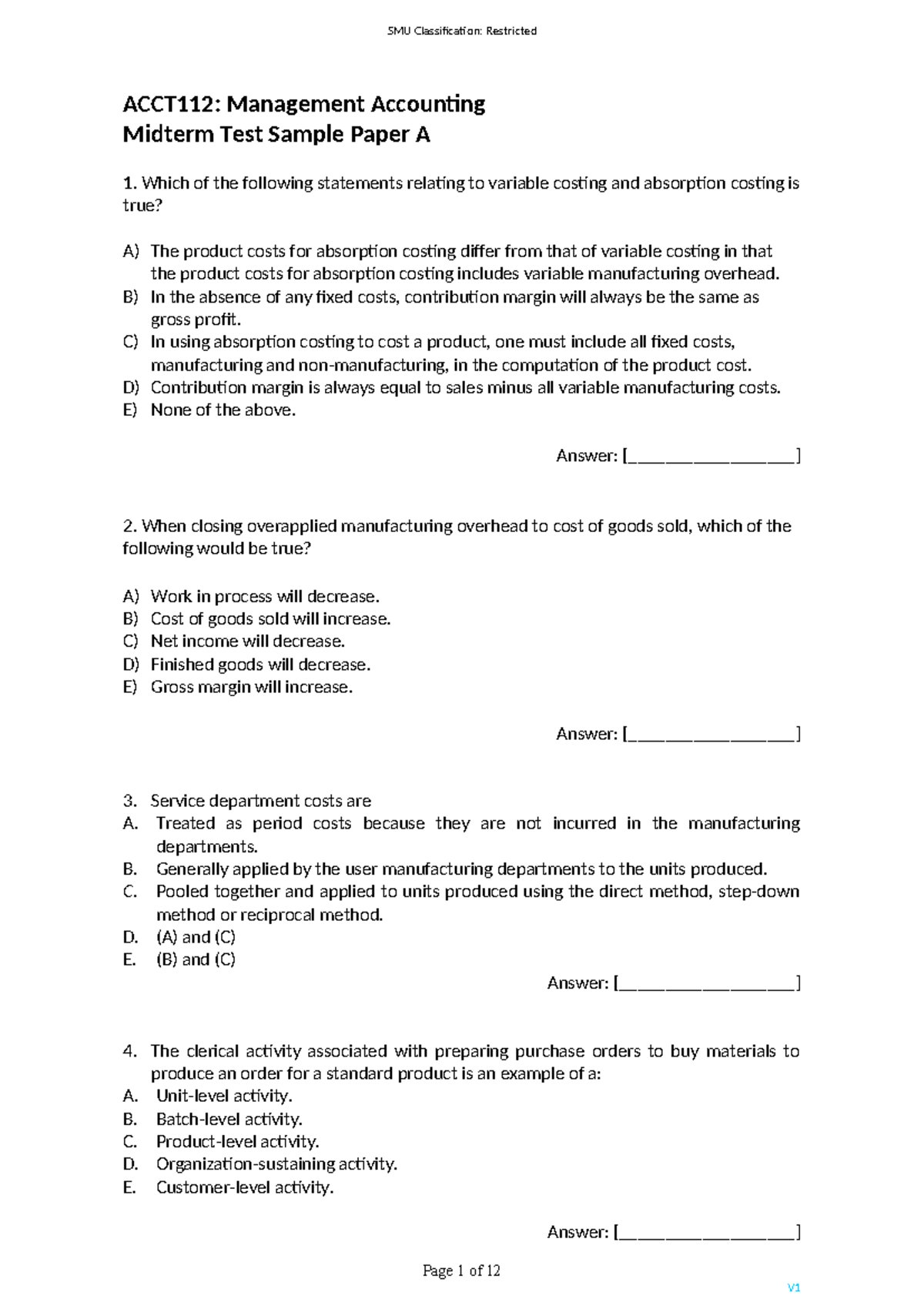 ACCT112: Management Accounting Midterm Test Sample Paper A - Studocu