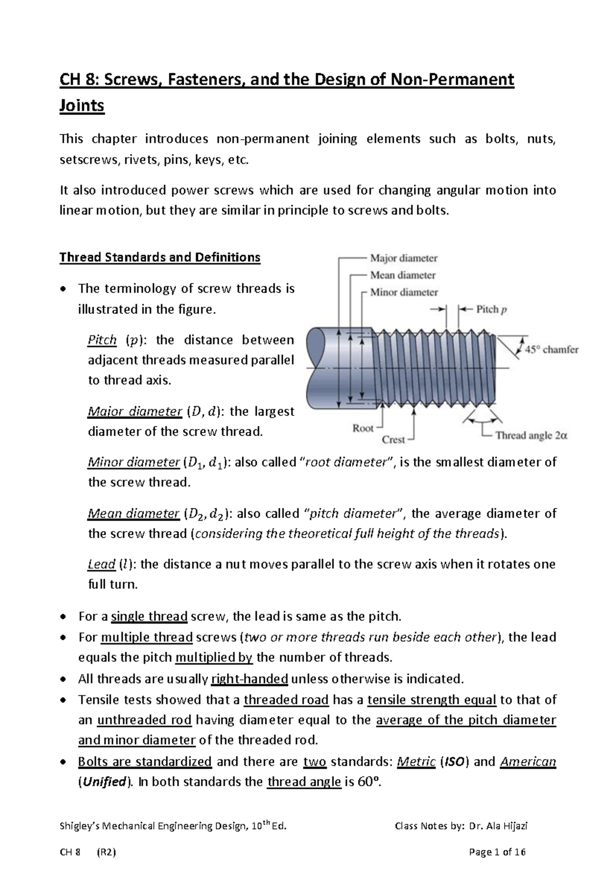 CH 8 - Non-Permanent Joints: Screws & Fasteners in Design - Studocu