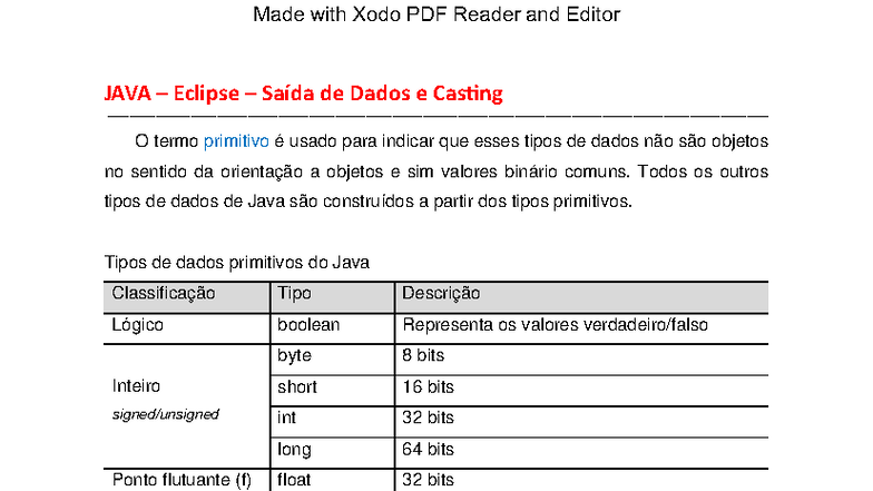 JAVA 04 - Saída de Dados e Casting: Tipos Primitivos e Exemplos - Studocu