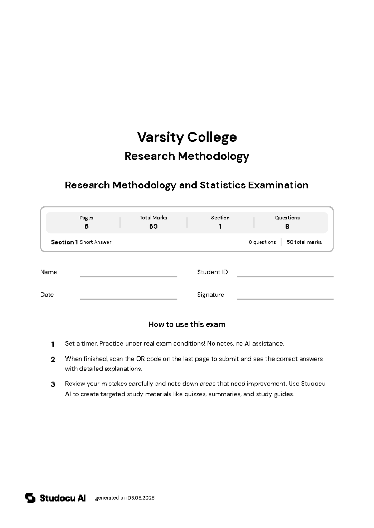 Research Methodology and Statistics Final Exam - Studocu