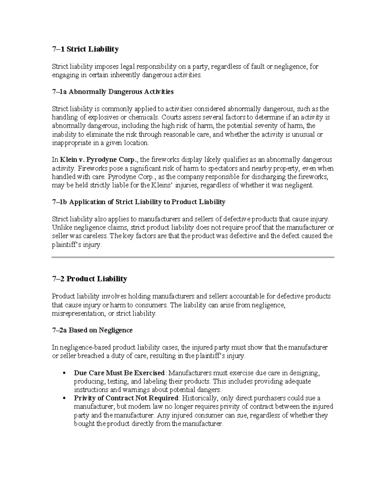 Chapter 7 - law - 7–1 Strict Liability Strict liability imposes legal ...