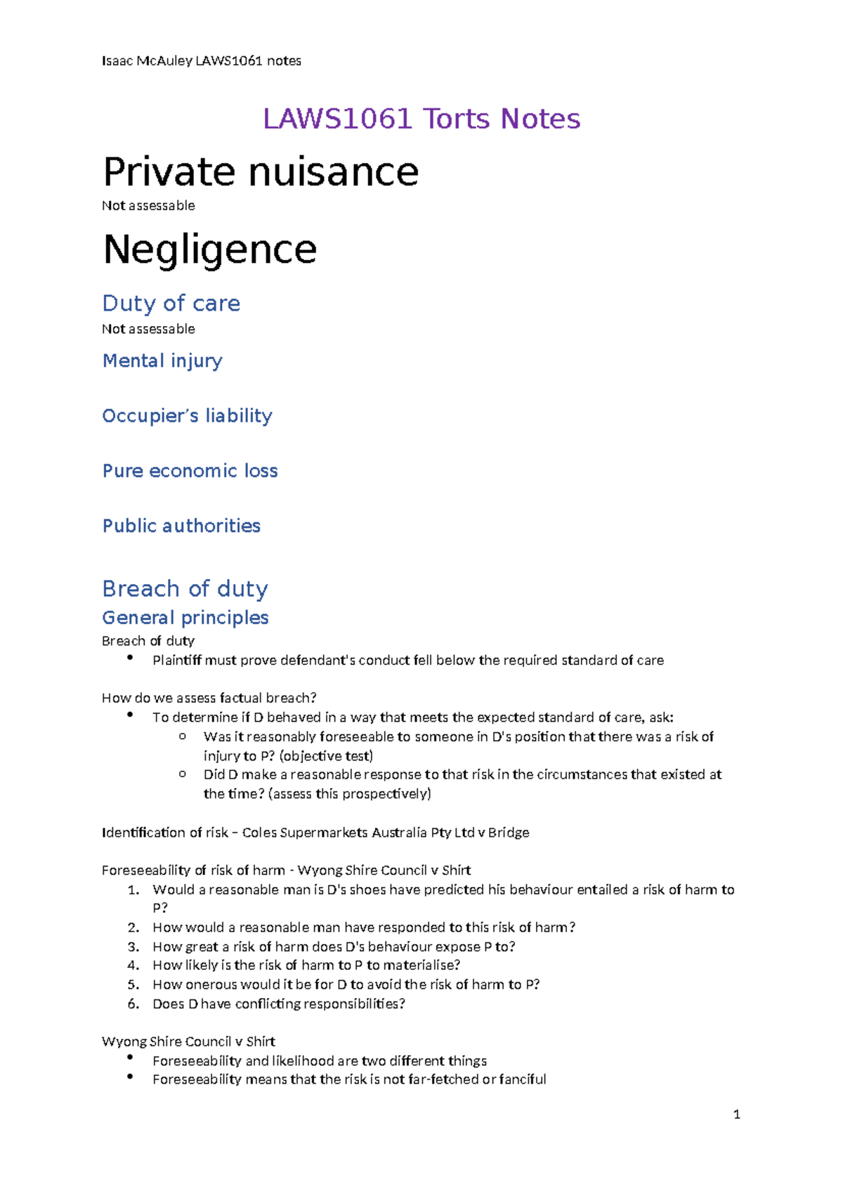 LAWS1061 Torts Notes: Key Concepts in Negligence and Duty of Care - Studocu