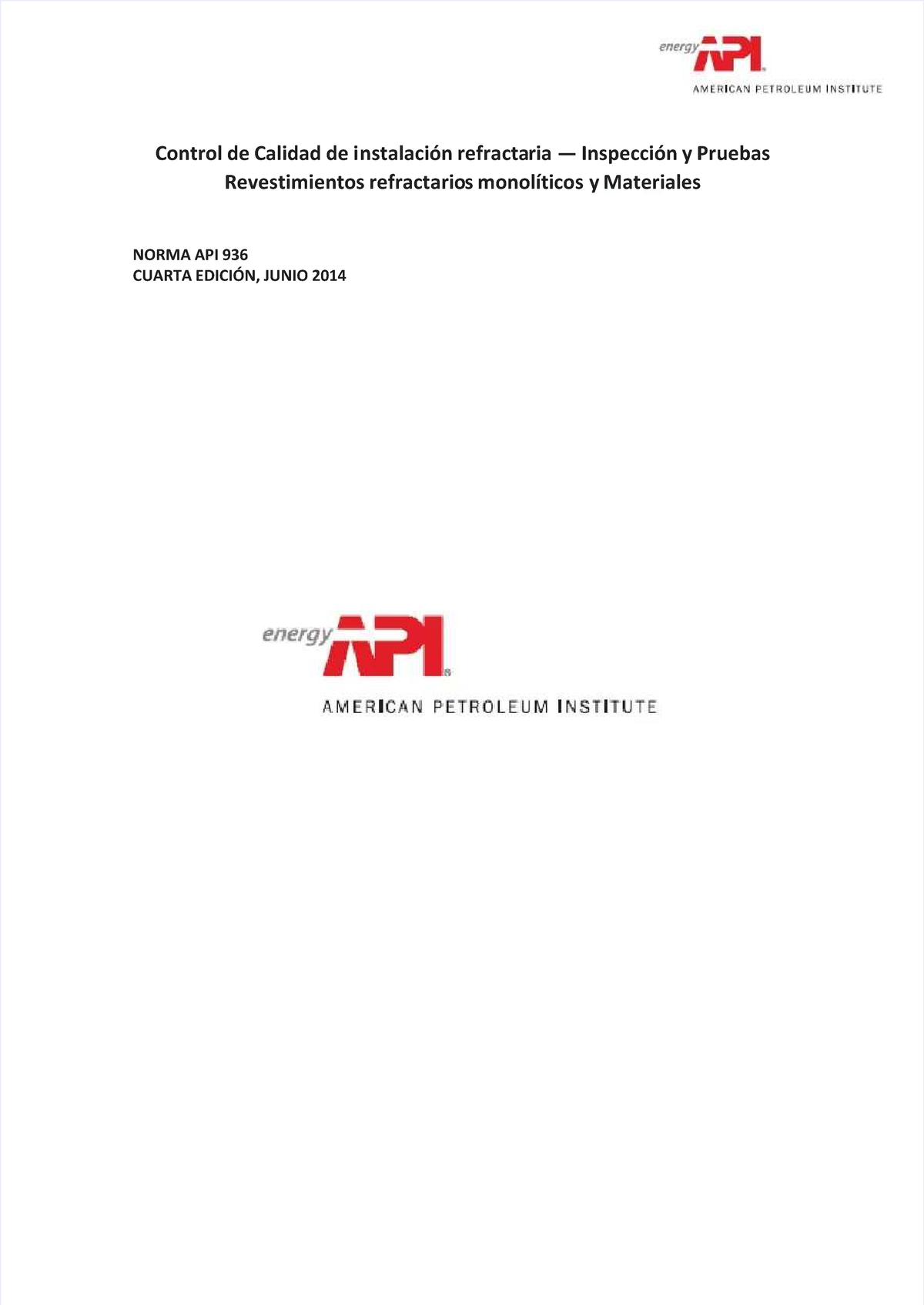 API 936-2014 Español - Control de Calidad en Refractarios: Inspección y ...