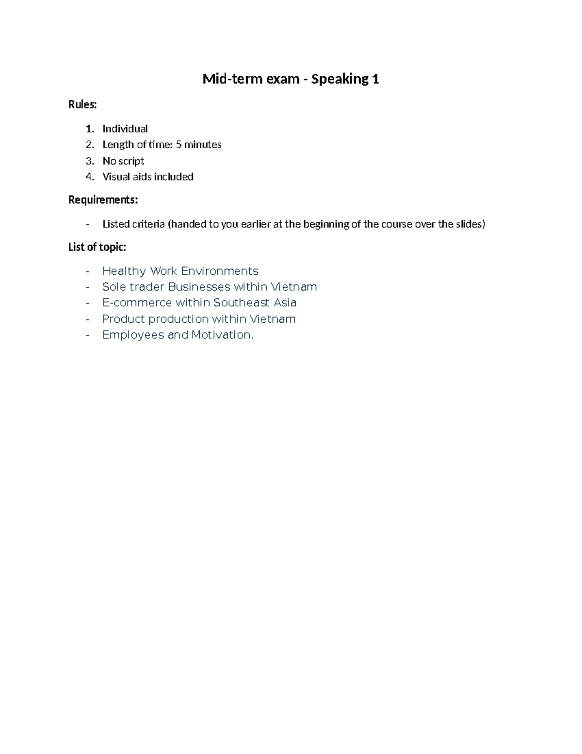Guidance for Midterm Exam - Speaking 1 (2024-2025) - Studocu