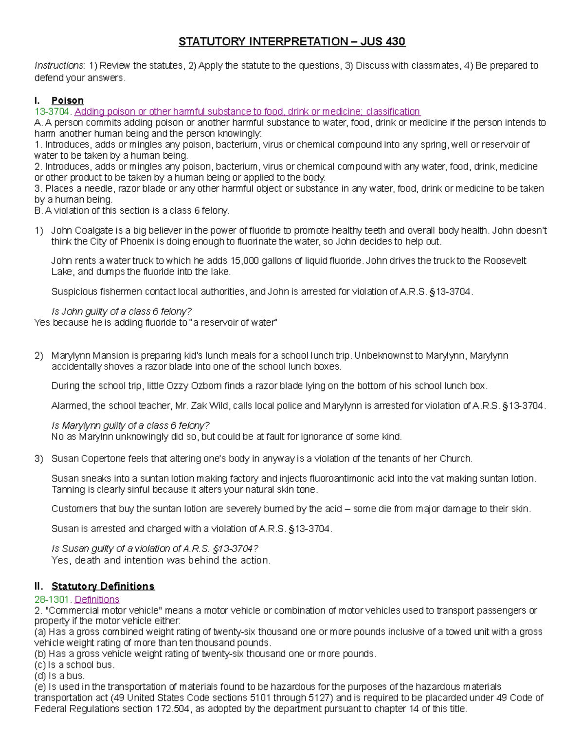 Statutory Interpretation Worksheet - STATUTORY INTERPRETATION – JUS 430 ...