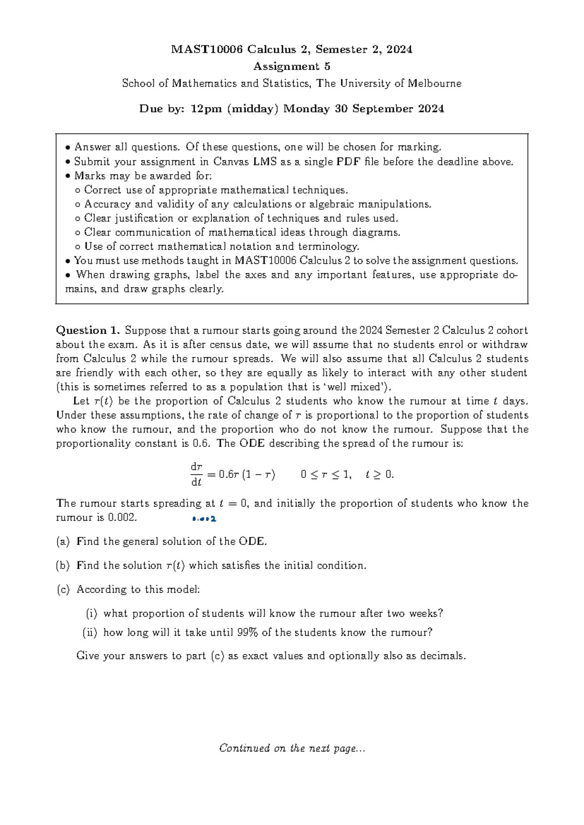 MAST10006 Calculus 2 Assignment 5: Rumour Spread Model Analysis - Studocu