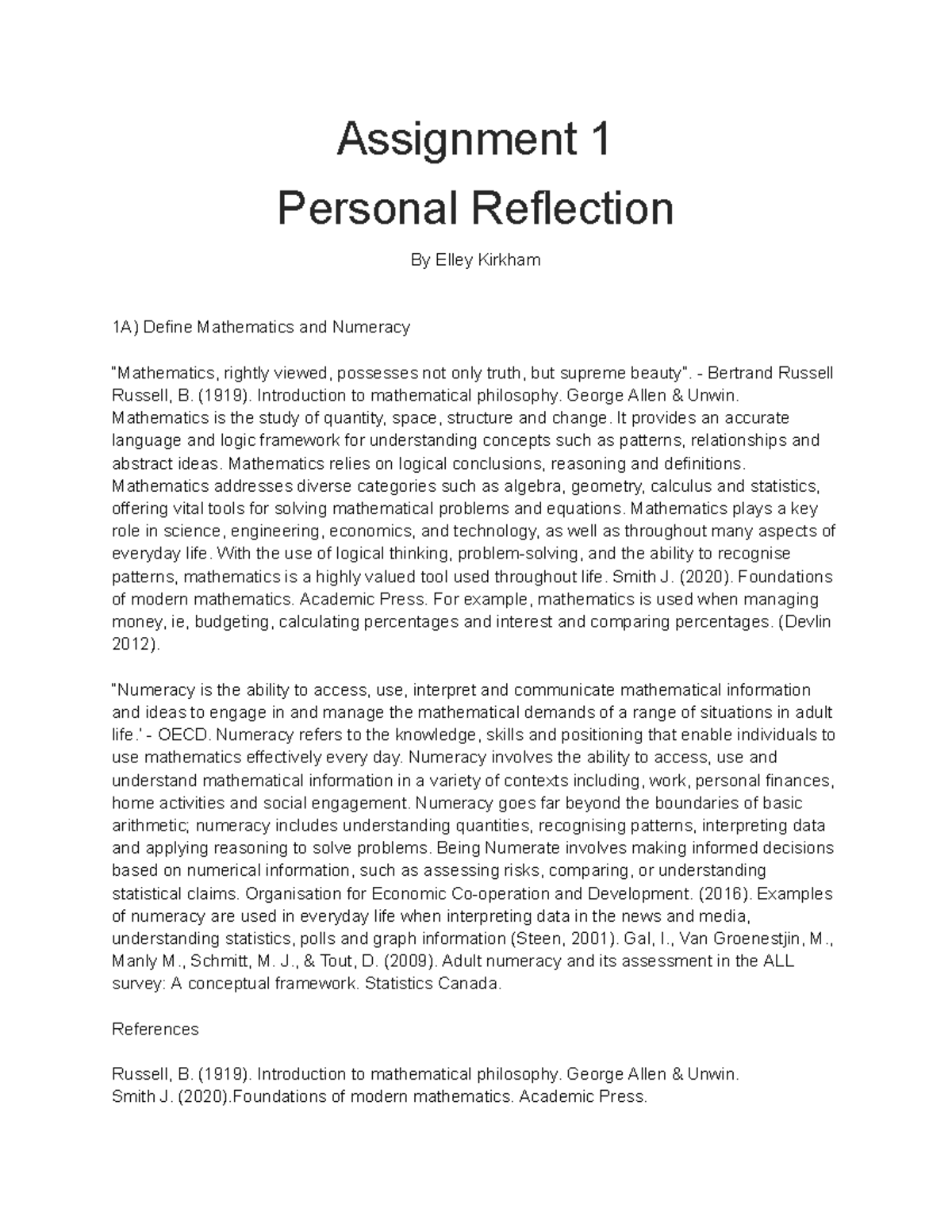 Maths Assignment 1: Personal Reflection on Numeracy and Teaching ...