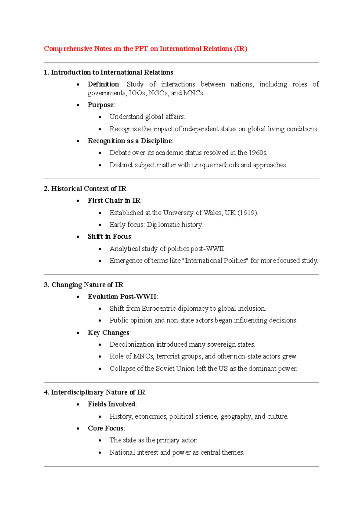 Comprehensive Notes on International Relations (IR) PPT - Studocu