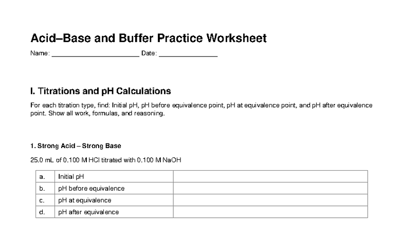 Acid-Base Buffer Worksheet (Chem 101) - Titration & pH Calculations - Studocu