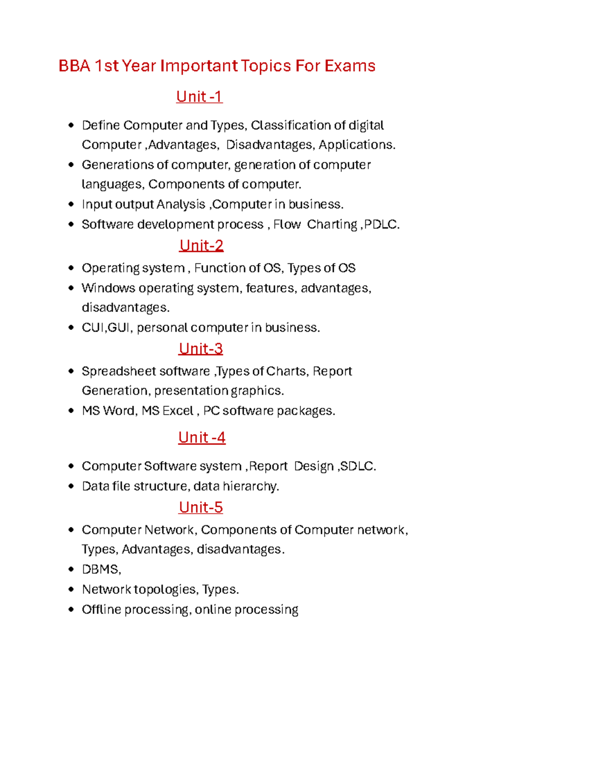 BBA 1st Year Exam Prep: Key Topics Overview for All Units - Studocu