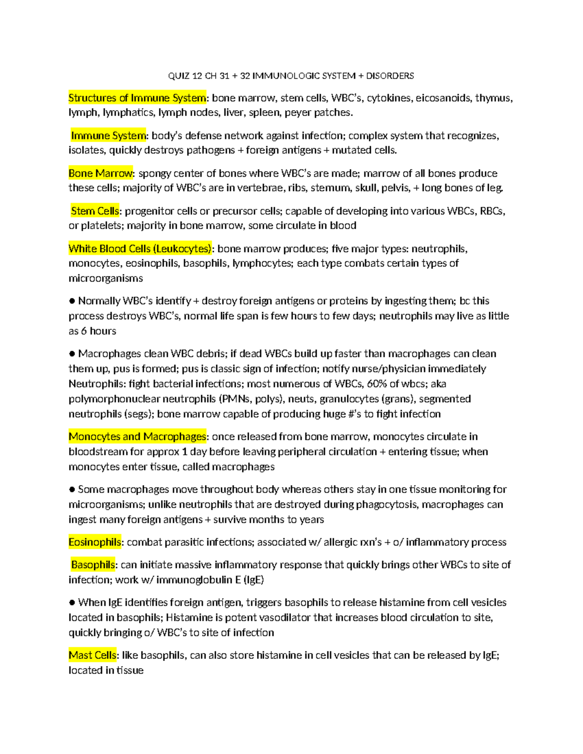 QUIZ 12: Immune System & Disorders (Ch 31 + 32) Overview - Studocu