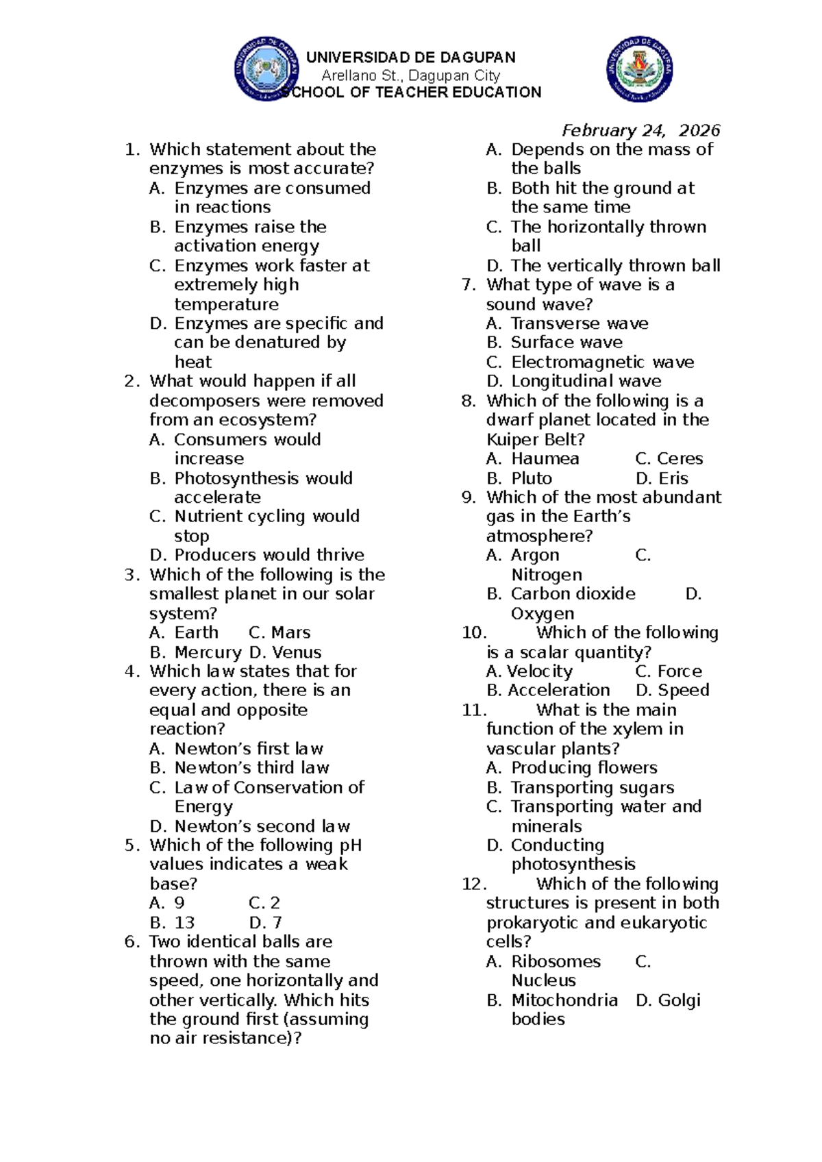 General Science PRE-TEST (Course Code: GSC101) - Studocu
