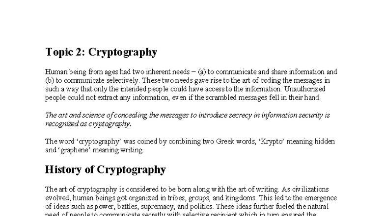 Topic 2: Classical Cryptography Overview and Techniques - Studocu