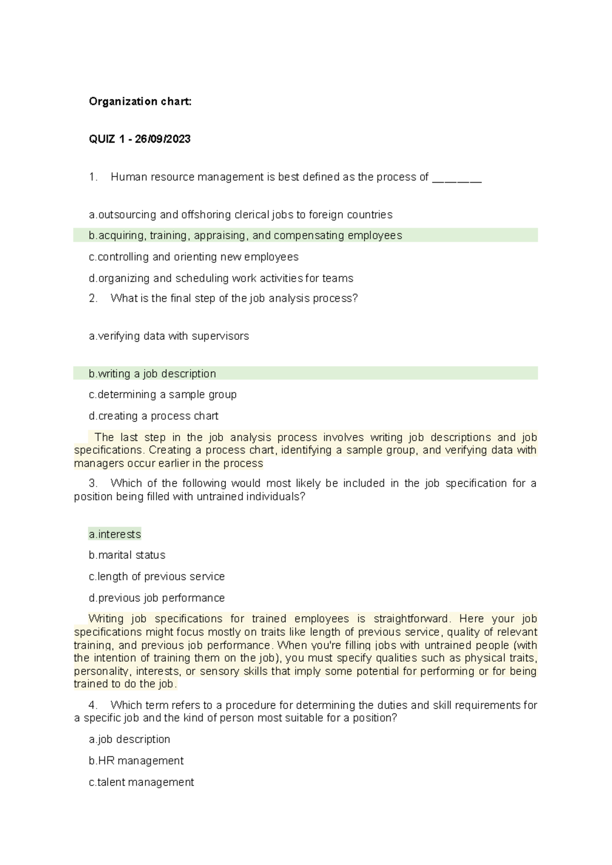 HRM QUIZ - HRM QUIZ - Organization chart: QUIZ 1 - 26/09/ Human ...