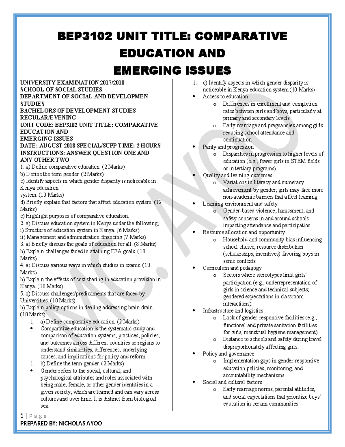 BEP3102 UNIT TITLE: COMPARATIVE EDUCATION AND EMERGING ISSUES ...
