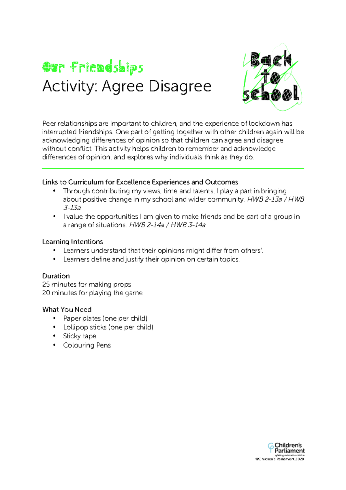 HWB Activity: Agree-Disagree on Peer Relationships and Opinions - Studocu