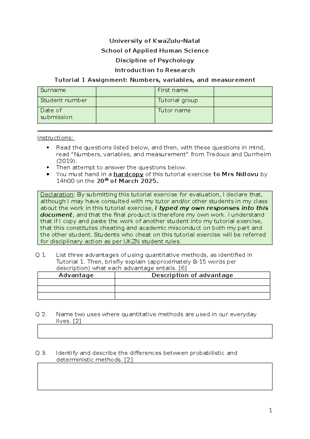 Tutorial 1 Assignment: Quantitative Methods & Measurement in Psychology - Studocu