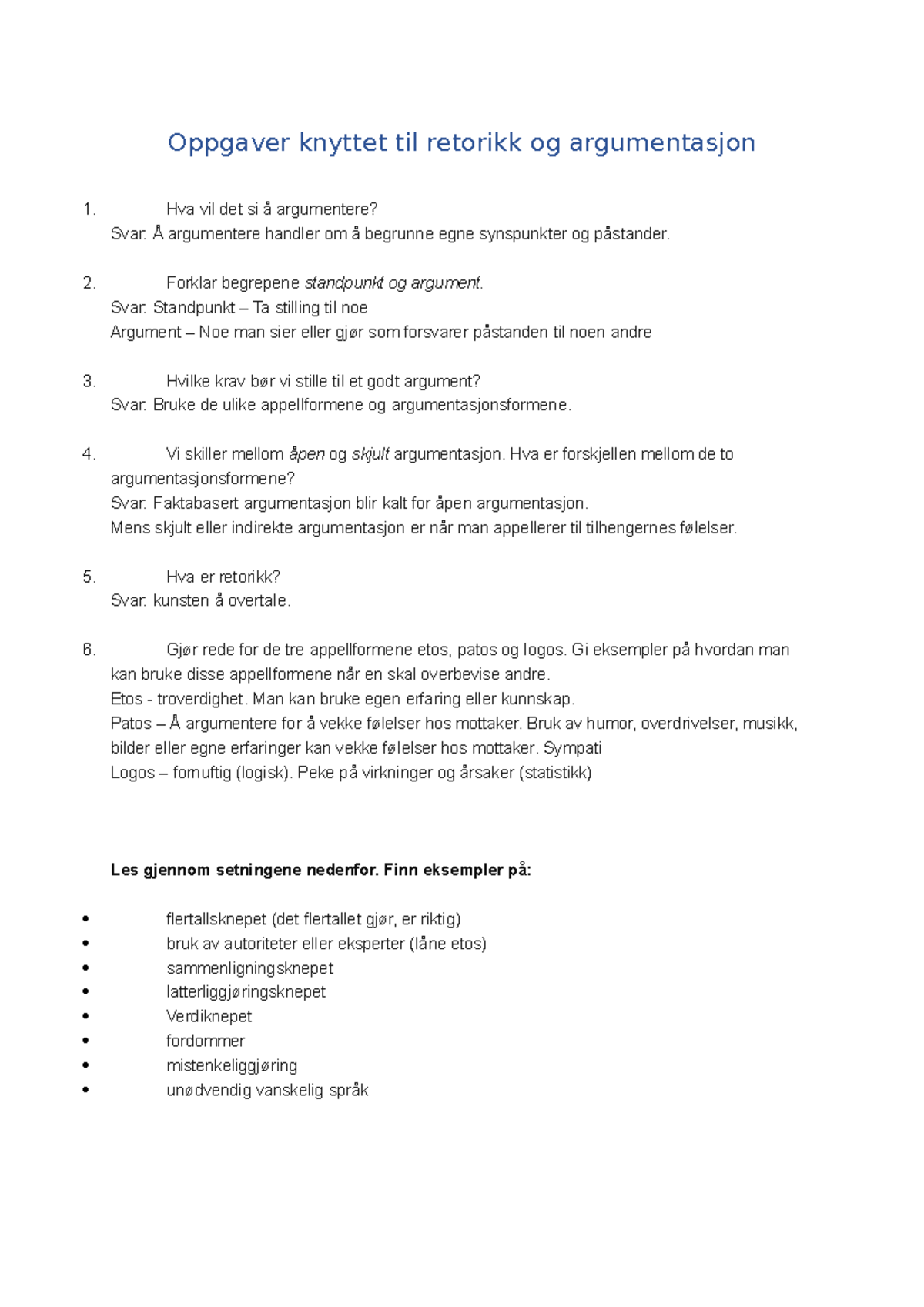 Oppgaver om retorikk og argumentasjon (1) ferdig - Oppgaver knyttet til retorikk og ...