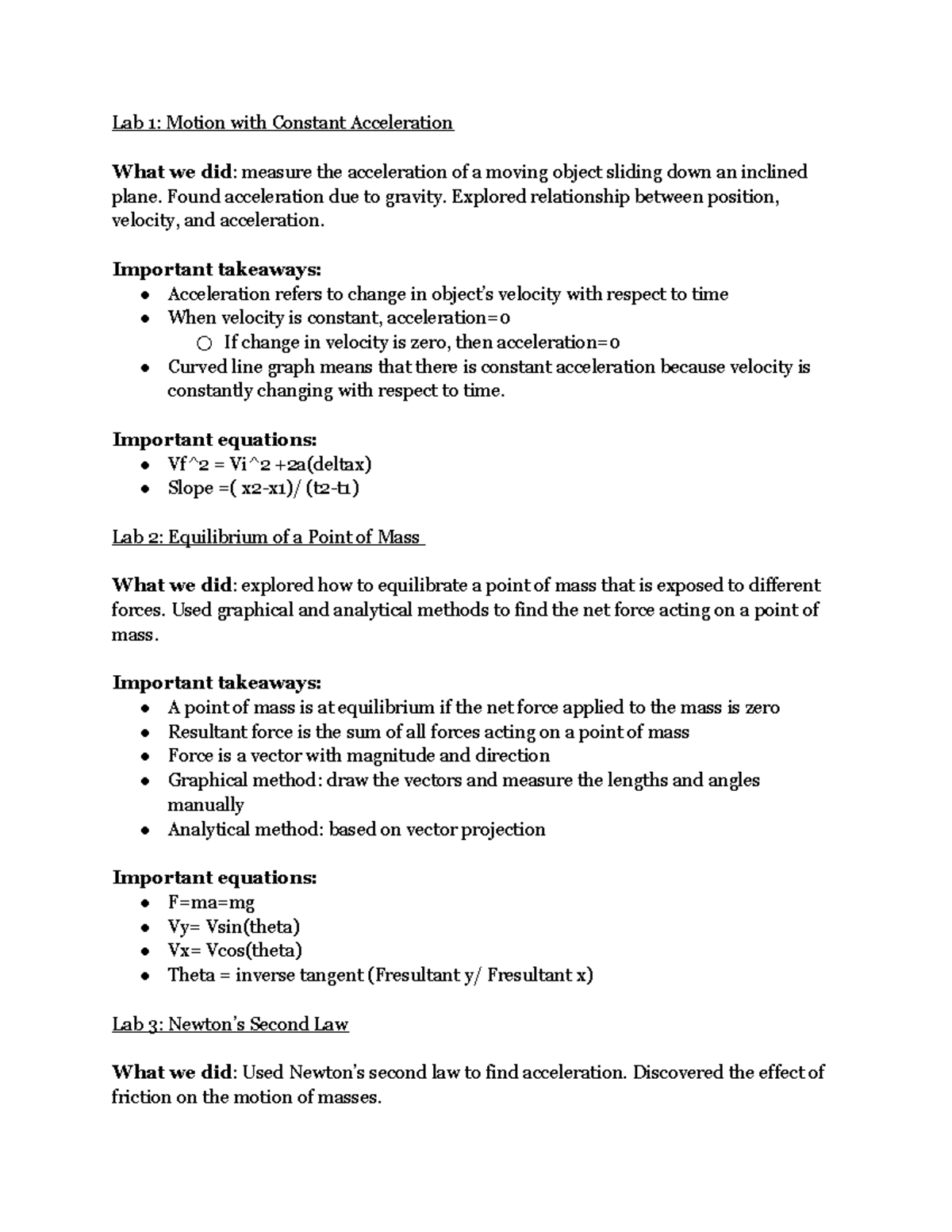 Physics Lab Final Study Guide - Lab 1: Motion with Constant ...