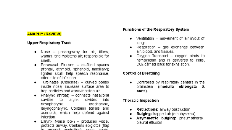 MedSurg ANAPHY Midterm Review: Functions of the Respiratory System ...