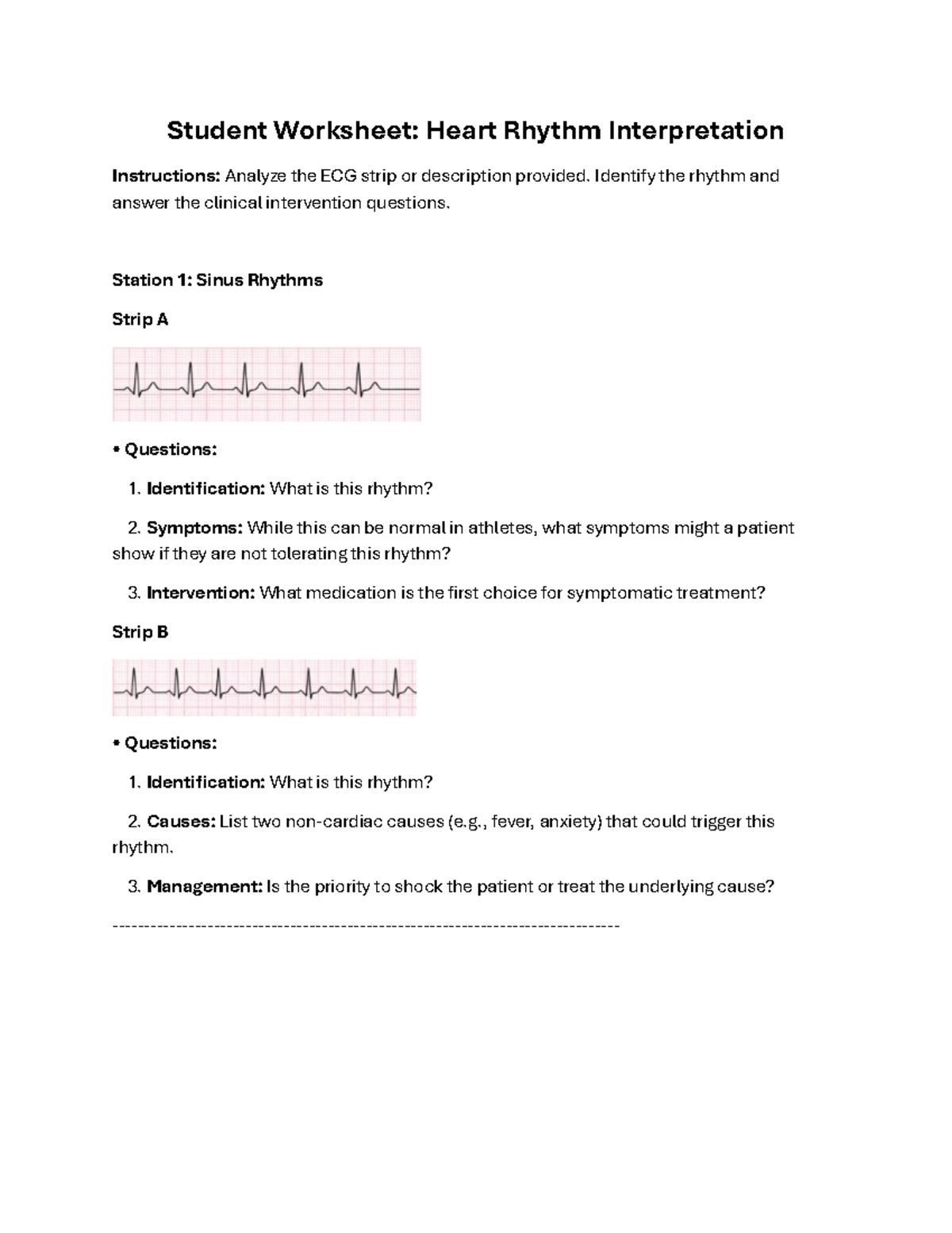 Heart Rhythm Interpretation Worksheet: ECG Analysis & Interventions ...