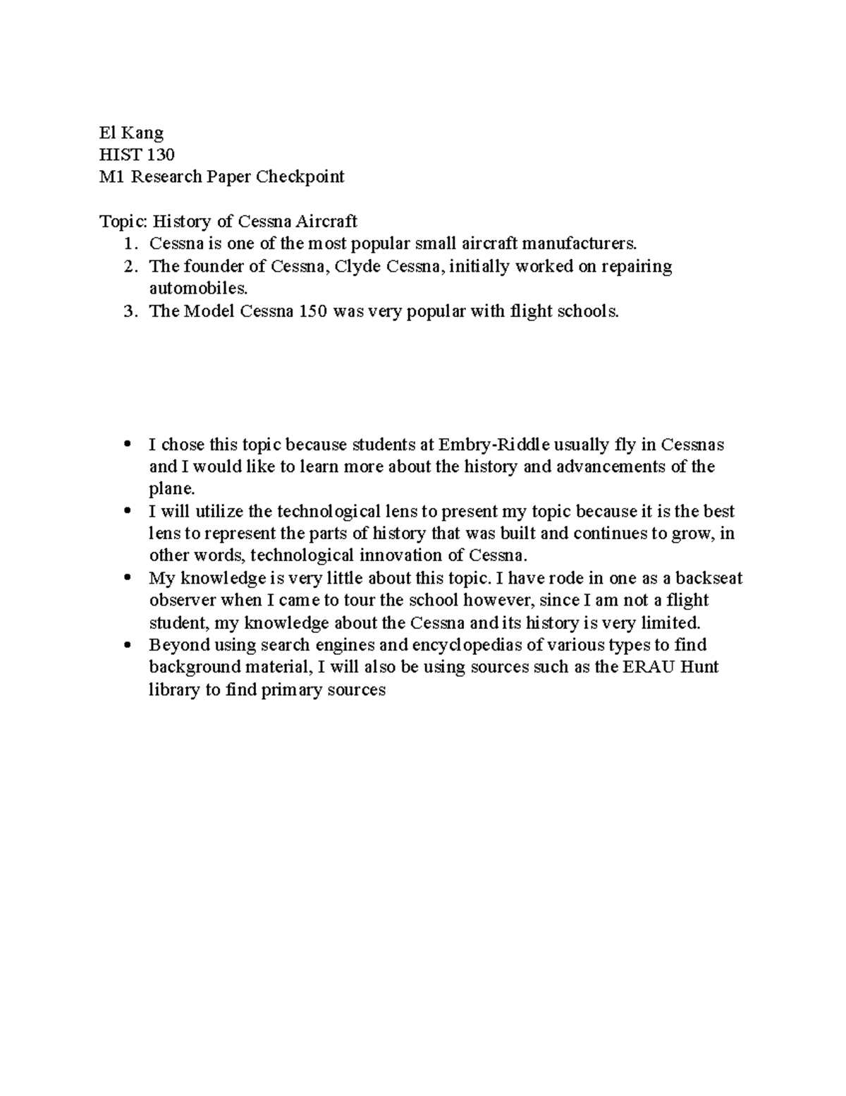 HIST 130 M1 Research Paper on the History of Cessna Aircraft - Studocu