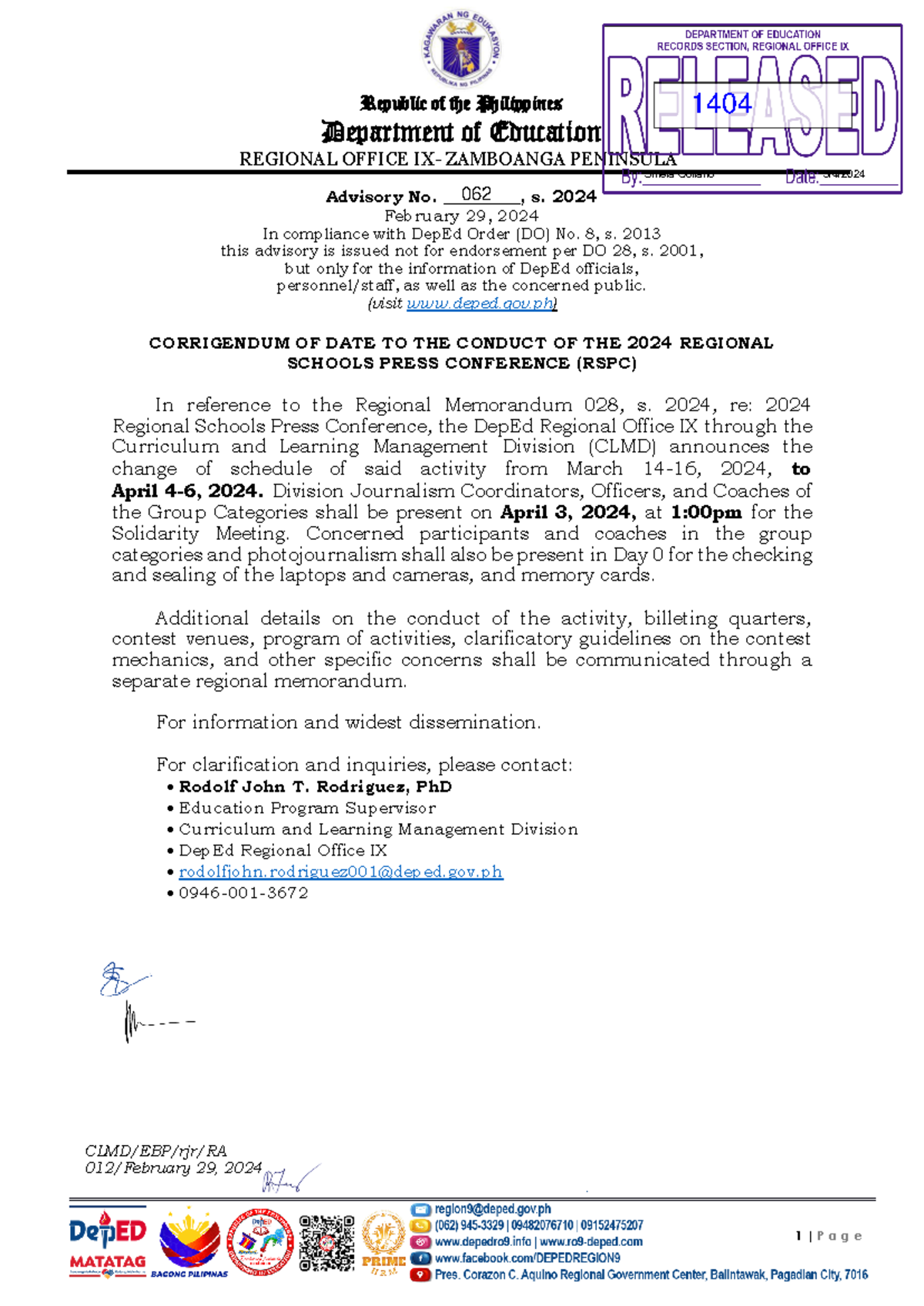 2024 RSPC Guidelines and Memo for Regional Schools Press Conference ...