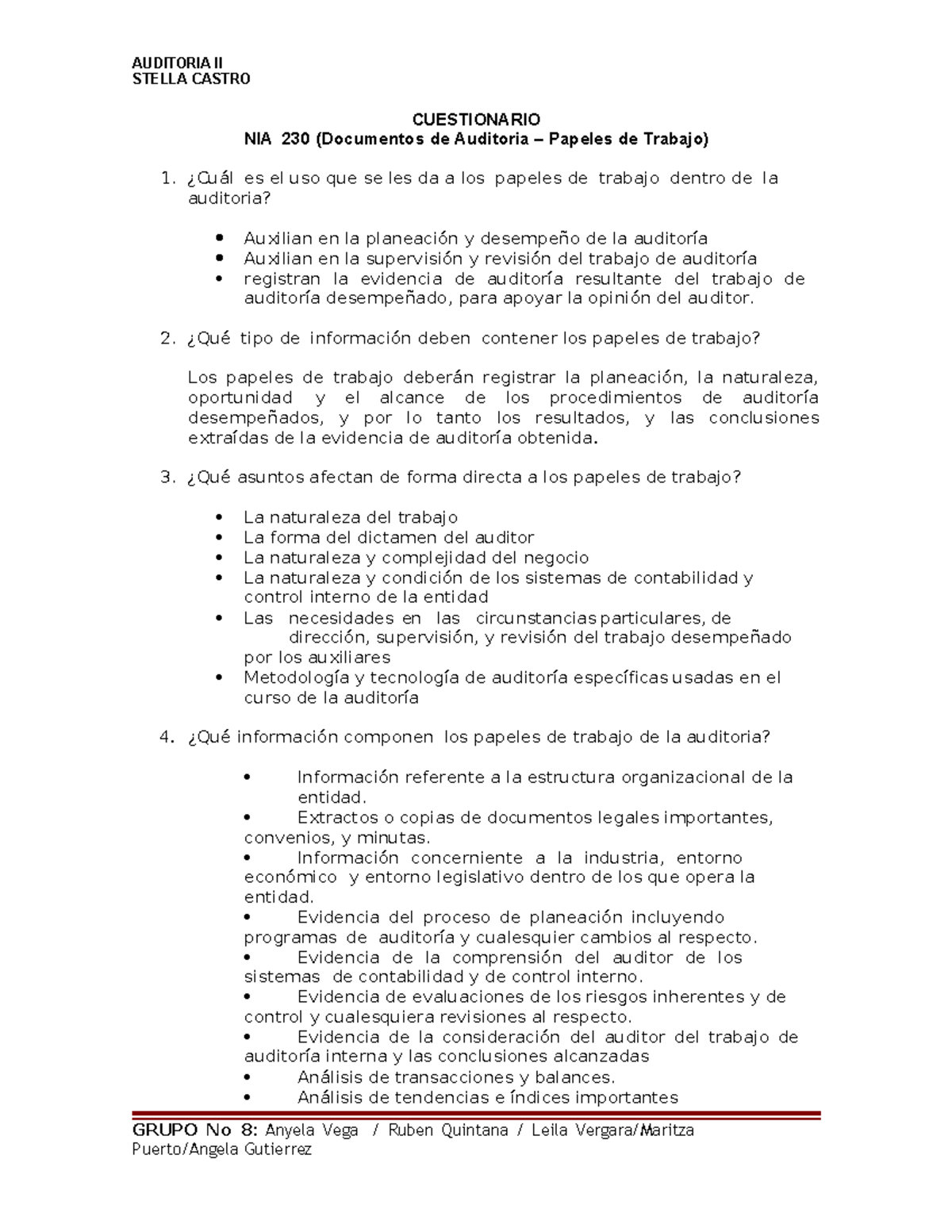 AUDITORIA II STELLA CASTRO CUESTIONARIO NIA 230 Y 240 - Studocu