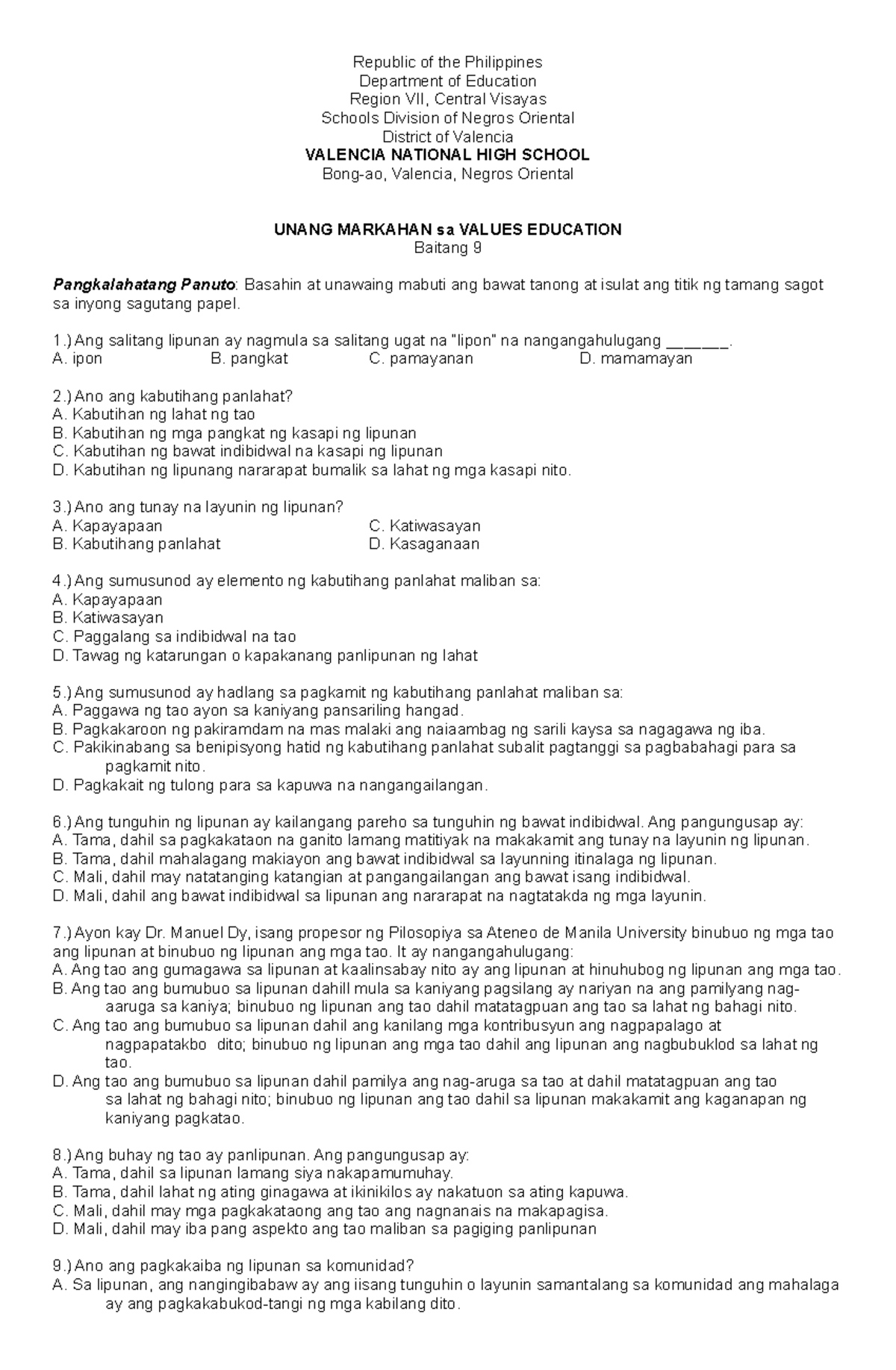 1st-Quarter Practice Materials: Values Education Grade 9 - Studocu