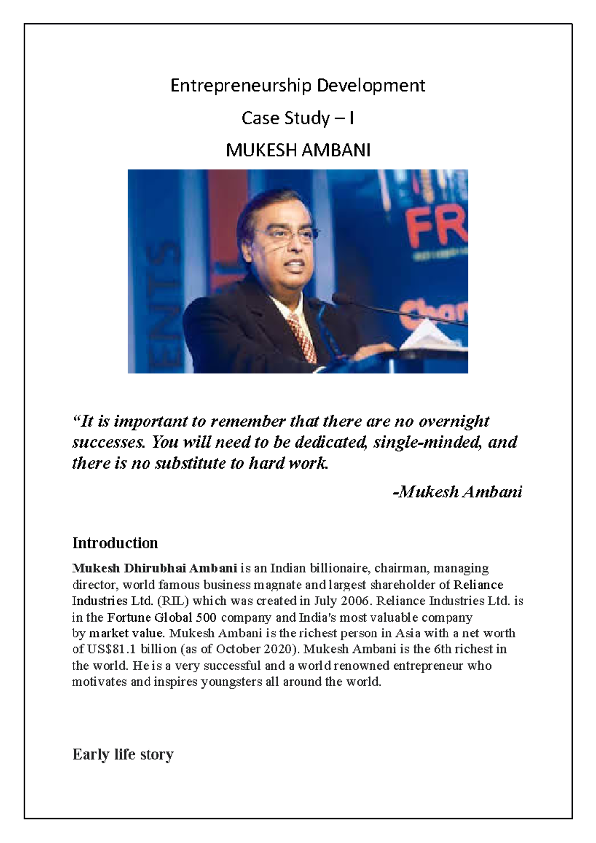 Case Study- Mukesh Ambani - Entrepreneurship Development Case Study – I MUKESH AMBANI “It is ...