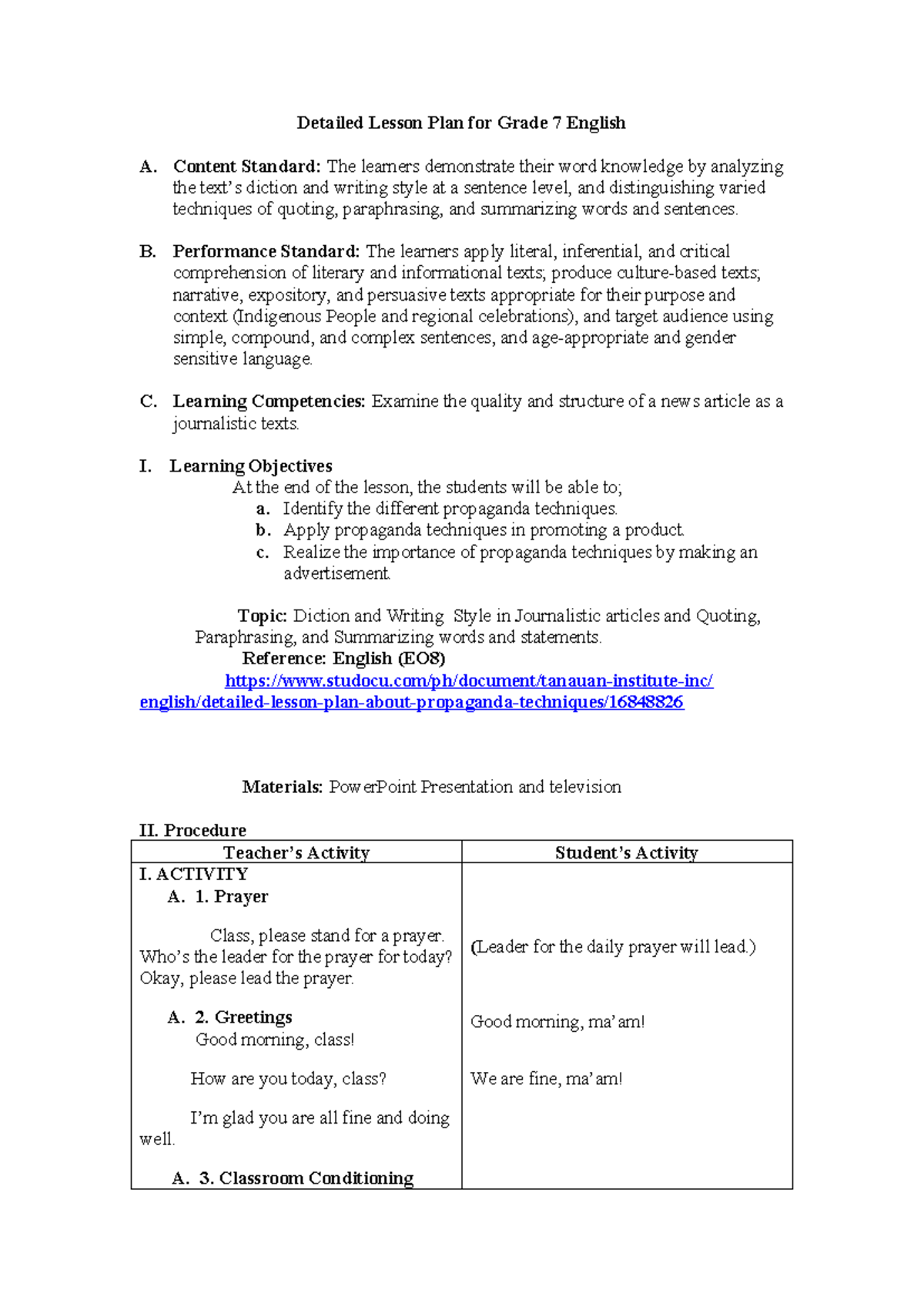 Grade 7 English (EO8) Lesson Plan: Diction, Writing Style & Propaganda ...