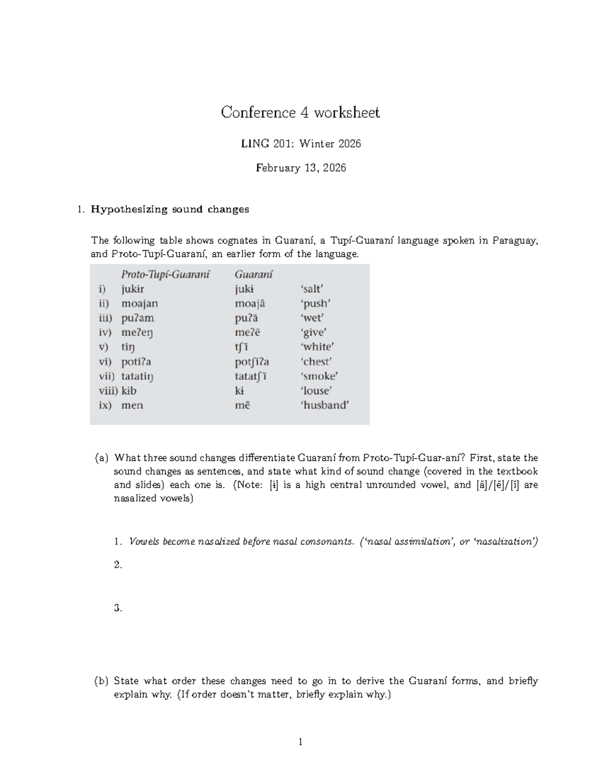 Conference 4 Worksheet LING 201: Sound Changes & Phonetics Analysis ...
