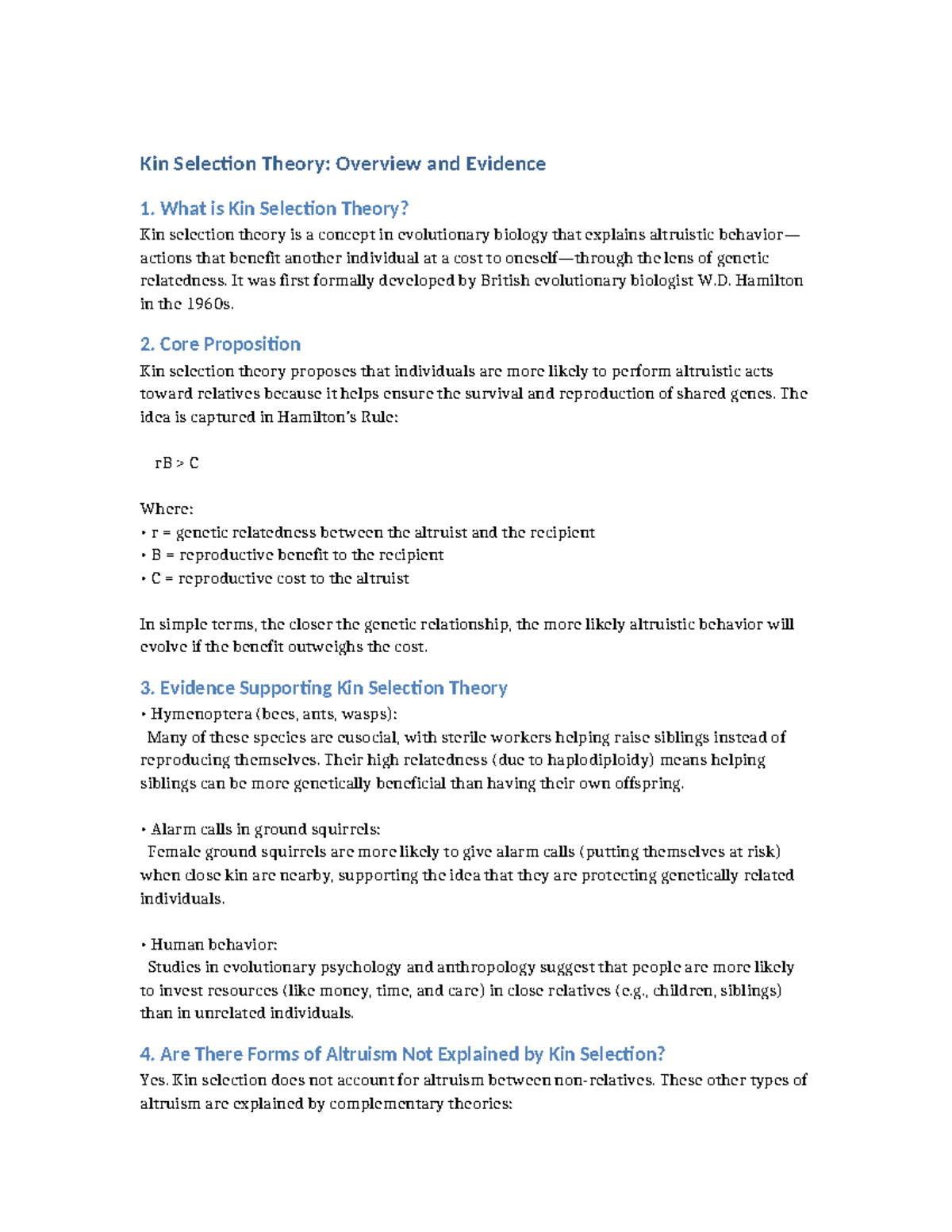 Kin Selection Theory (BIO 101): Summary of Concepts and Evidence - Studocu
