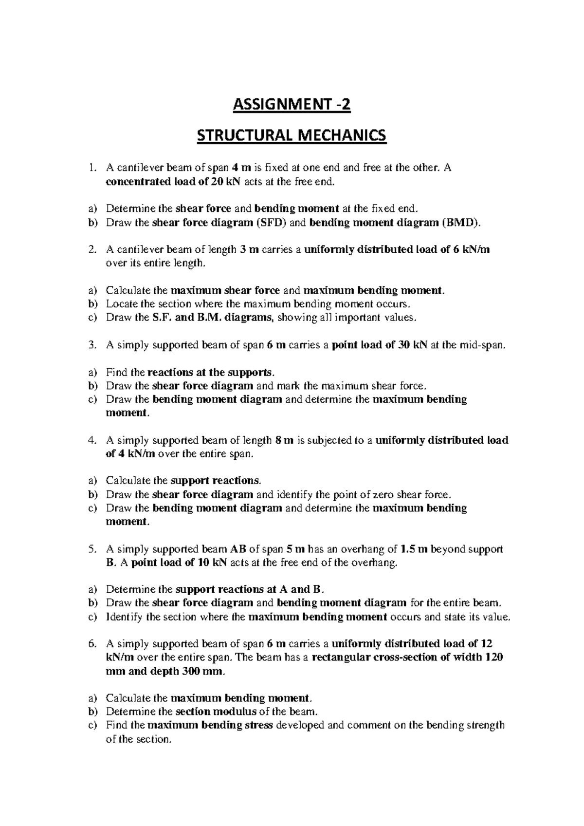 Assignment 2 (SM) - Structural Mechanics Beam Analysis Questions - Studocu