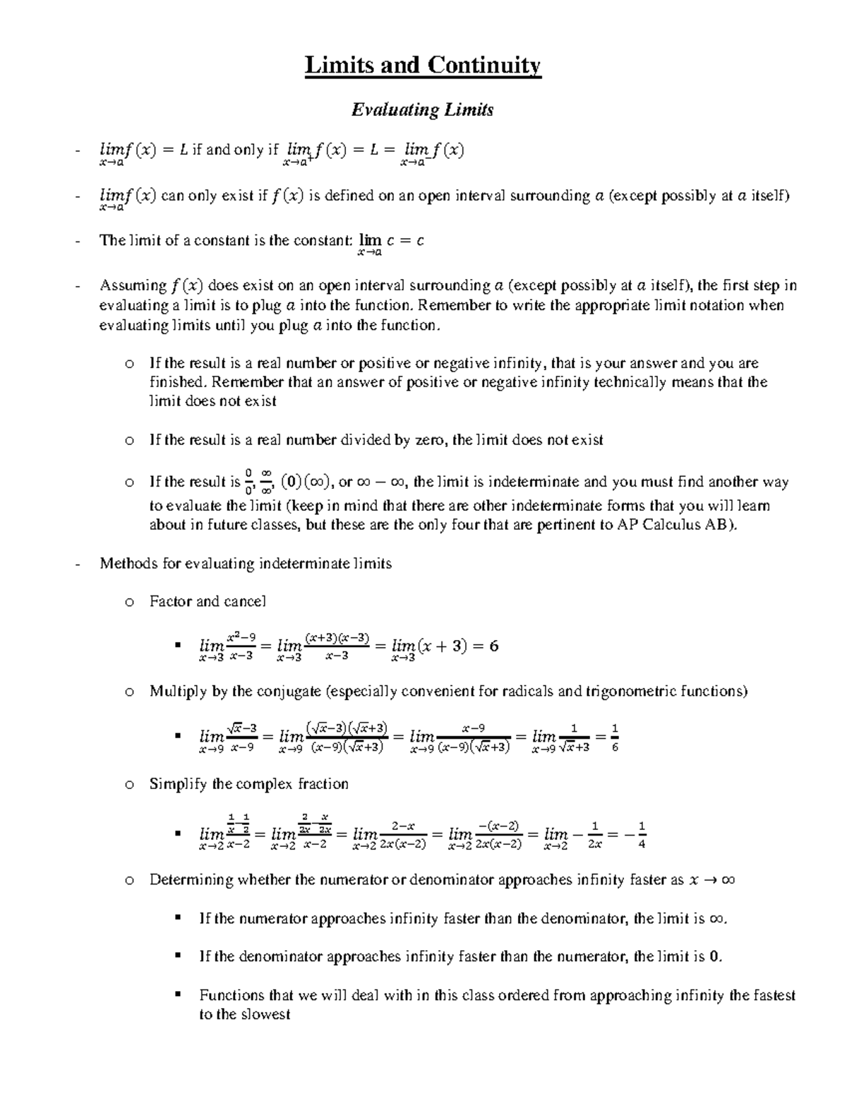 AP Calculus AB Limits and Continuity Study Notes - Studocu