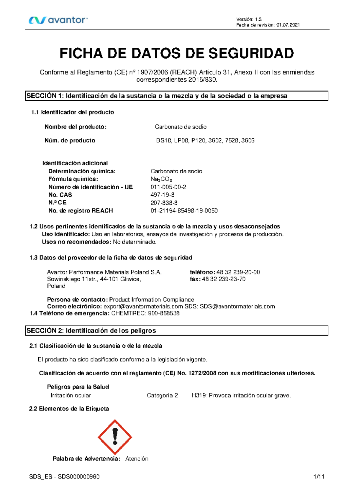Ficha de Datos de Seguridad: Carbonato de Sodio (SDS_ES) - Studocu
